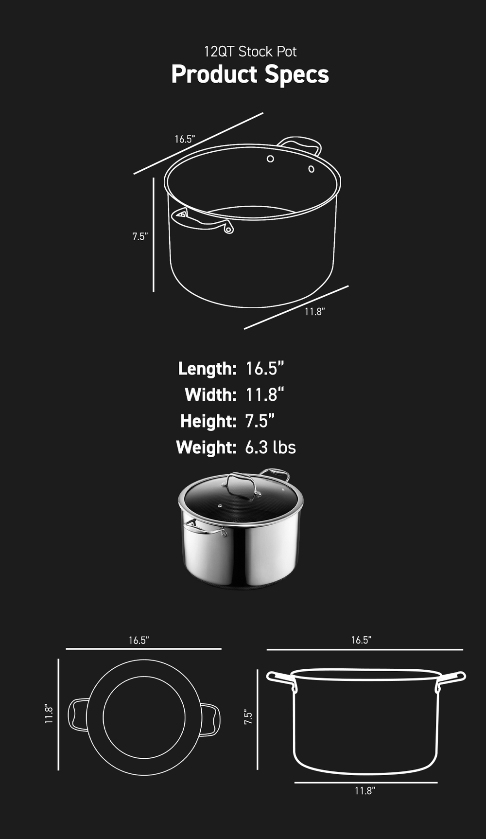 12QT Hybrid Stock Pot with Lid (11.35L) – HexClad Cookware Canada